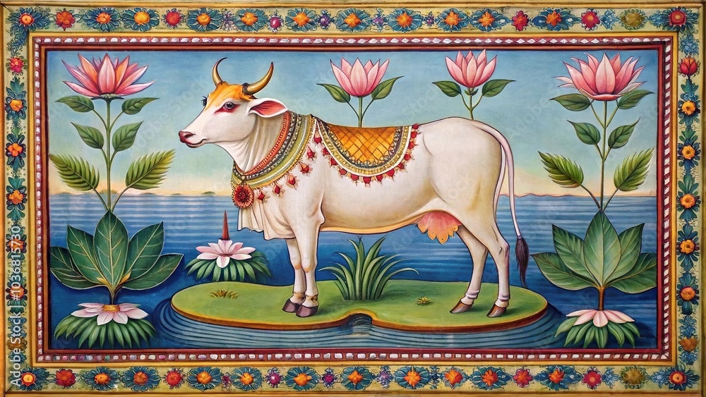 Traditional Pichwai painting with forced perspective of a sacred cow in ...