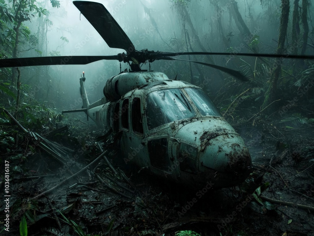 A helicopter crash in a dense forest, with smoke billowing from the ...