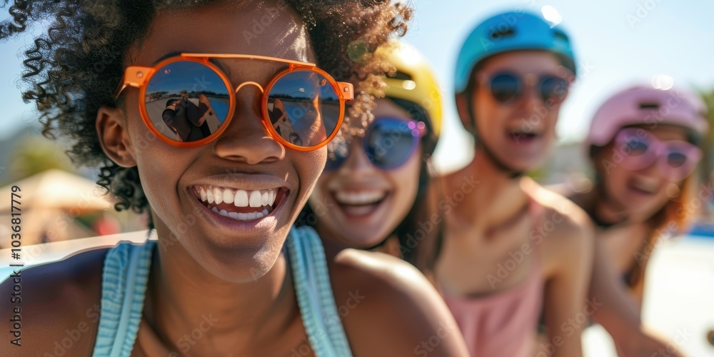 Friends enjoying a sunny day outdoors, laughing and having fun while ...
