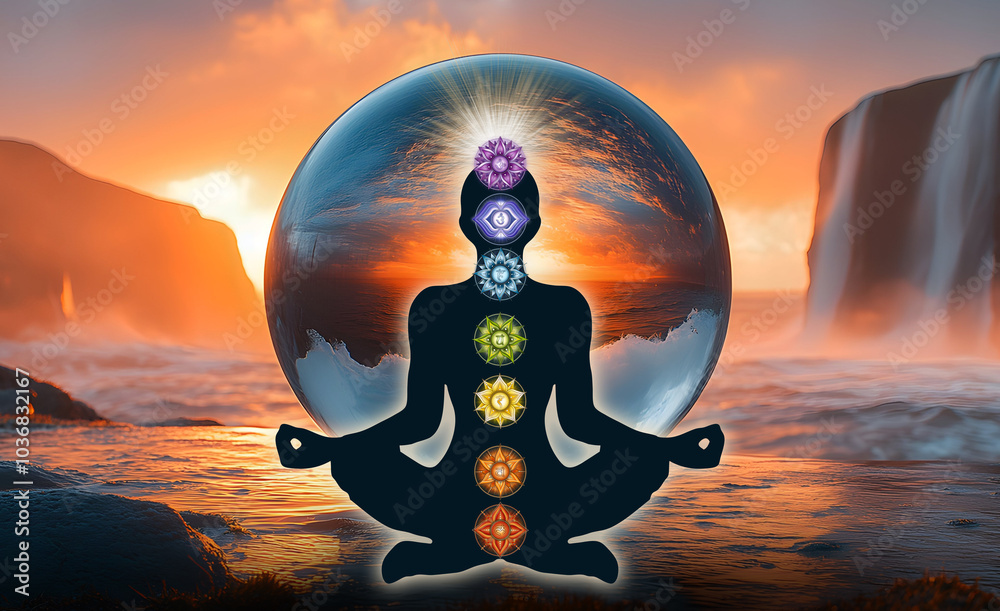 Human silhouette in yoga, lotus pose with 7 Chakras, mystical sunset by ...