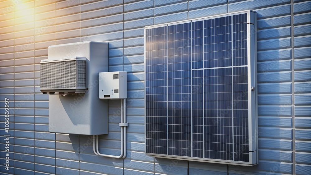 Modern photovoltaic power converter system unit mounted on a wall ...