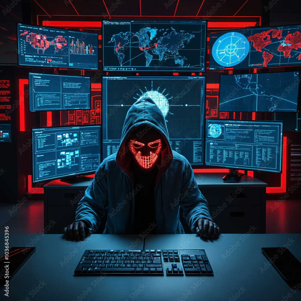 A hooded hacker launches a cyberattack from their secret lair. This ...
