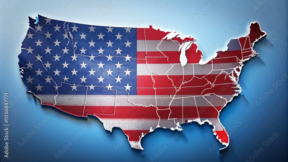 Vibrant patriotic map of America depicted in red, white, and blue hues ...