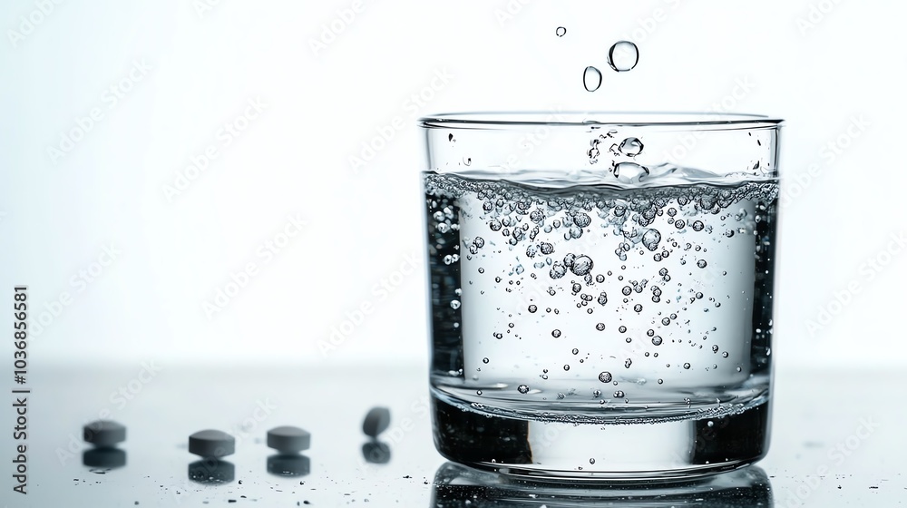 A glass filled with sparkling water and effervescent tablets dissolving, creating bubbles and ...