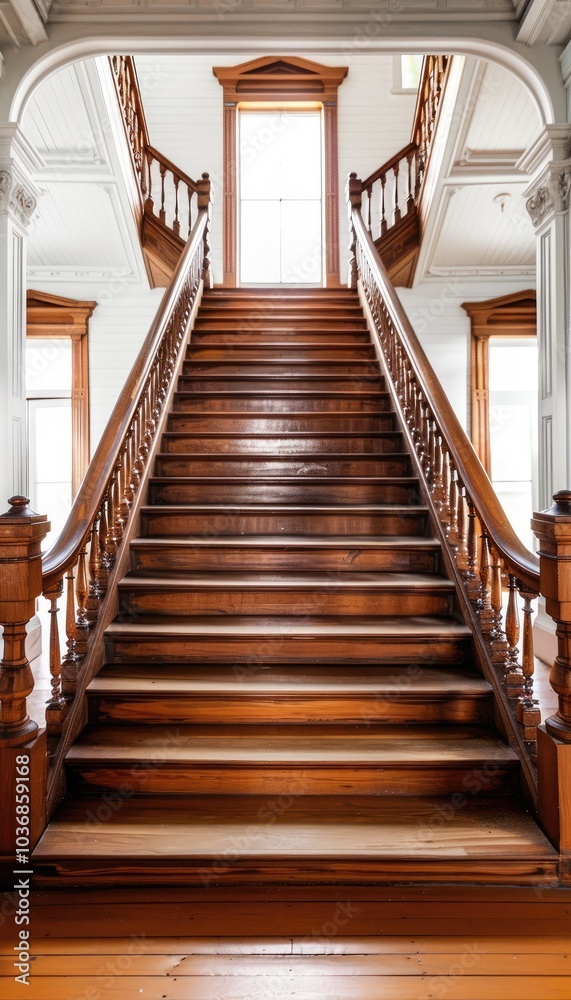 A grand wooden staircase leading up to a window in a classic home Stock Photo | Adobe Stock