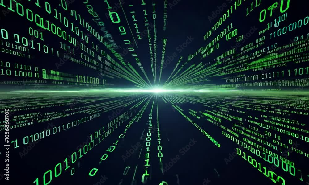 Digital matrix of binary code with green numeric data streams creating ...