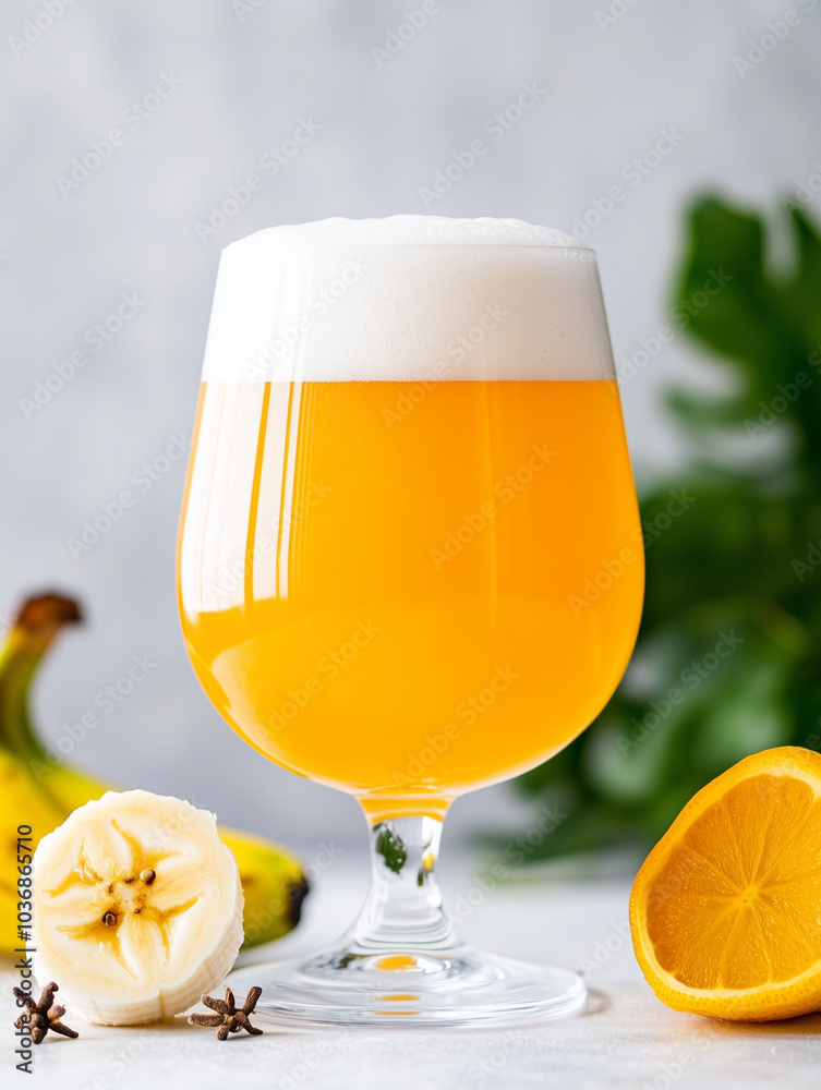 A cloudy, golden hefeweizen with a tall white head, served in a ...