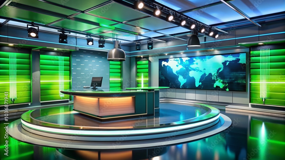 Modern virtual TV studio news set with sleek desk, professional ...
