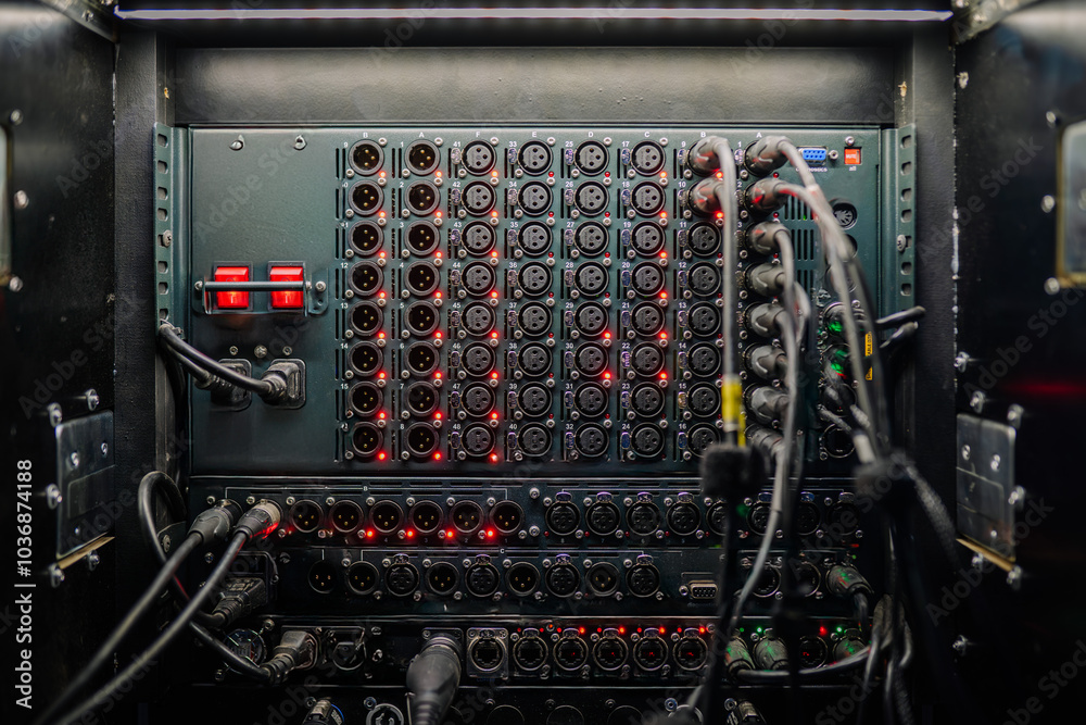 Close-up of a fully connected audio patch panel with numerous XLR ports ...