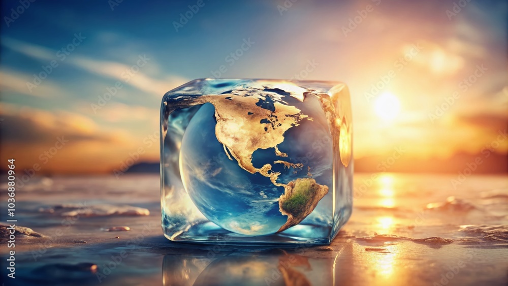 Frozen earth globe encased in ice cube on soft pastel background with ...