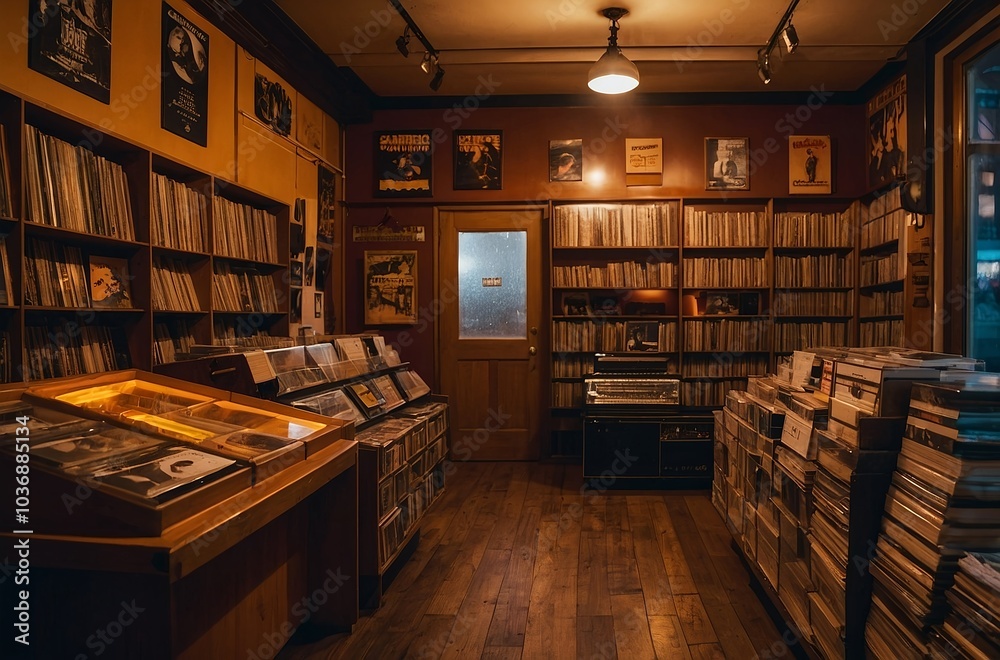 Cozy retro record shop interior with floor-to-ceiling wooden shelves ...