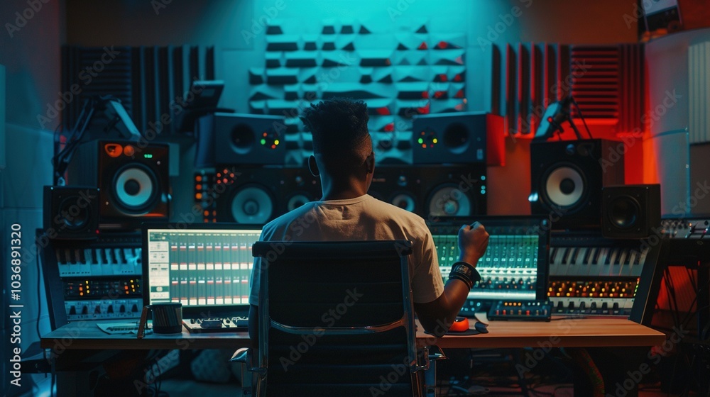 Music producer at sound mixing desk in recording studio, modern music ...
