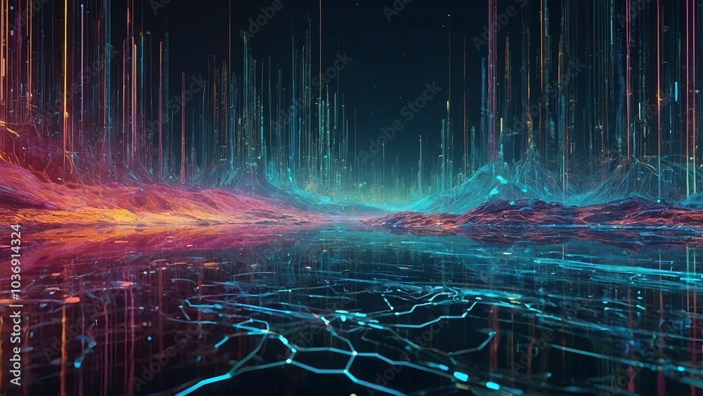 An abstract representation of AI algorithms in action, illuminated by glowing binary code and ...