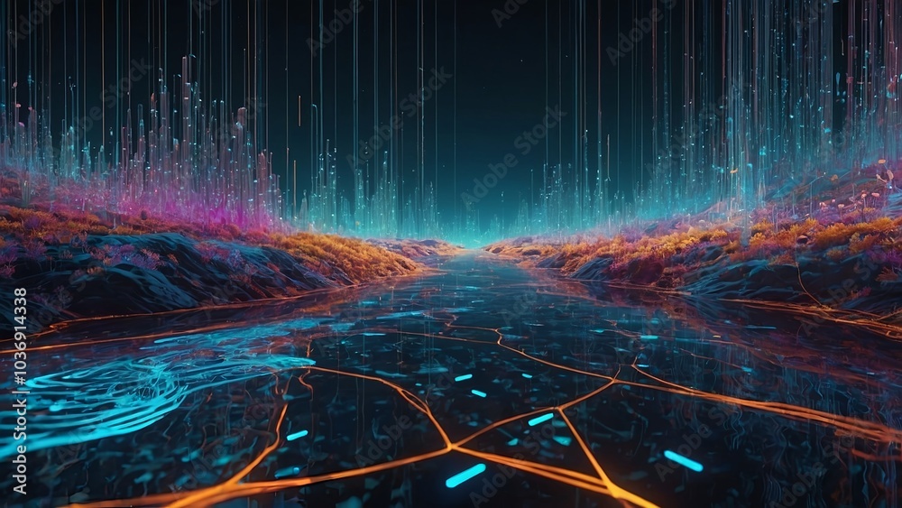 An Abstract Representation Of Ai Algorithms In Action Illuminated By Glowing Binary Code And