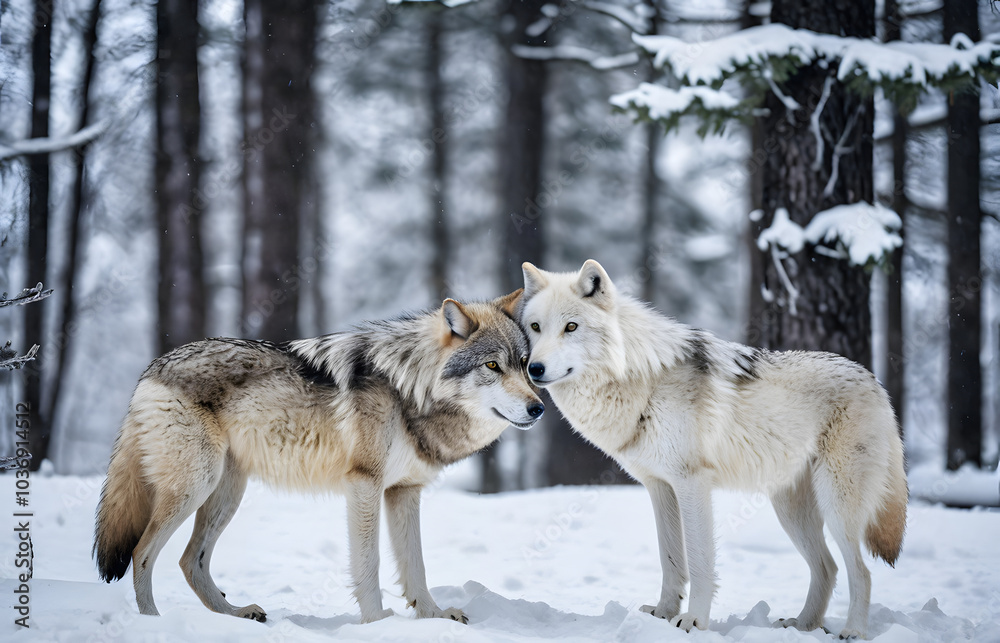 Two graceful arctic wolves in wolf pack in frosty snowy winter forest ...