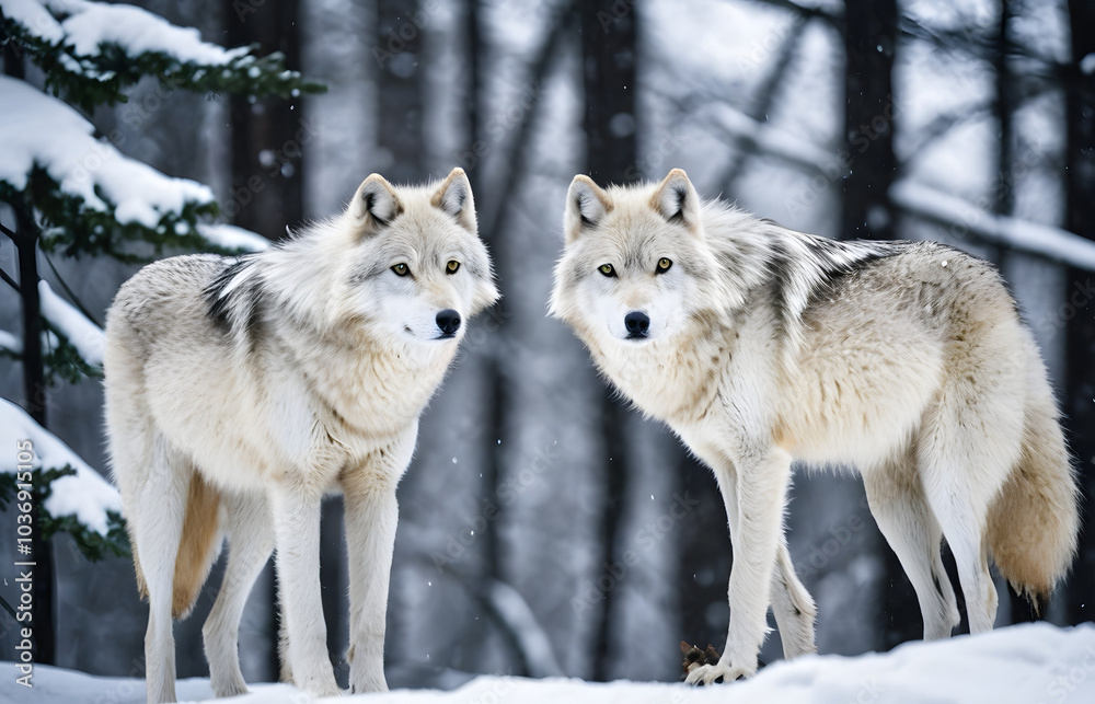 Two graceful arctic wolves in wolf pack in frosty snowy winter forest ...