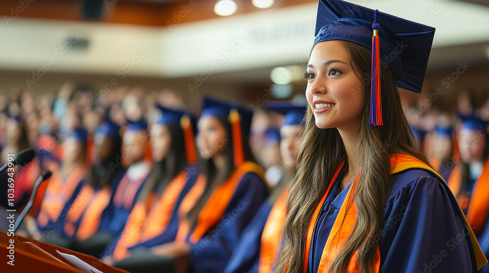 Valedictorian Student Giving Graduation Speech in Traditional College ...