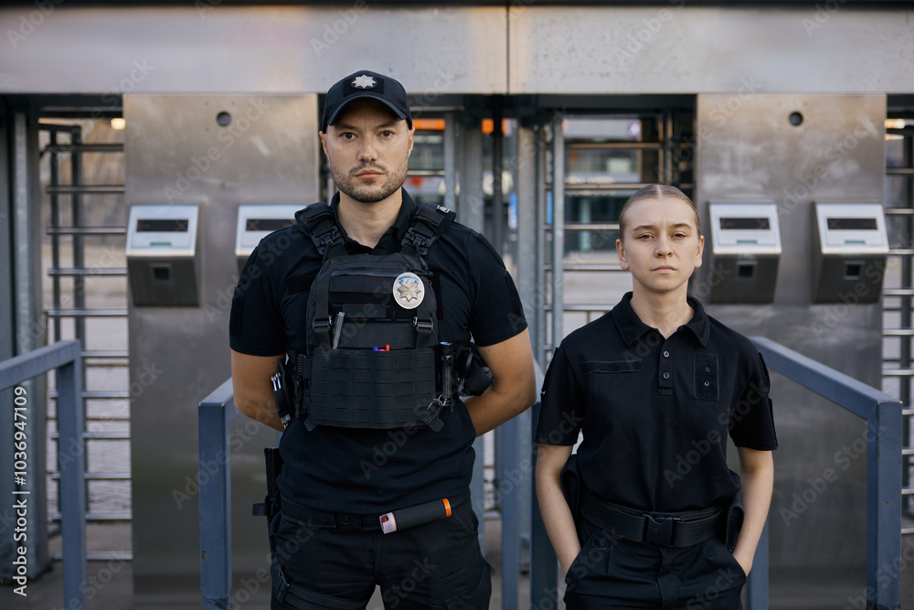 Poster Diverse police officers patrolling and guarding entrance to ...