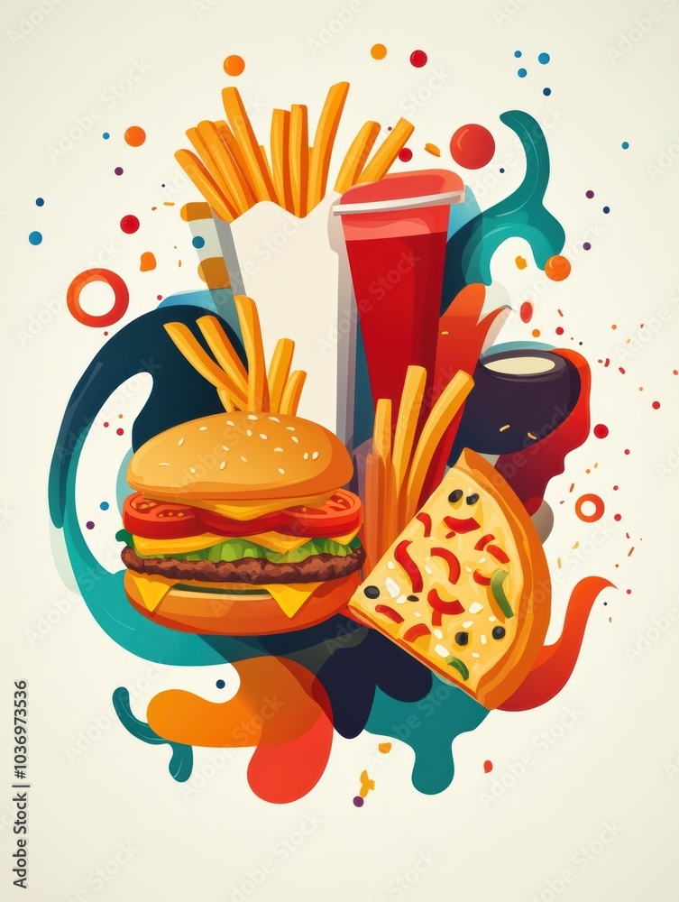 This artwork showcases an array of fast food items like burgers, fries ...