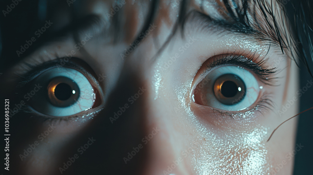 close up of figure with wide open eyes expressing fear and surprise ...