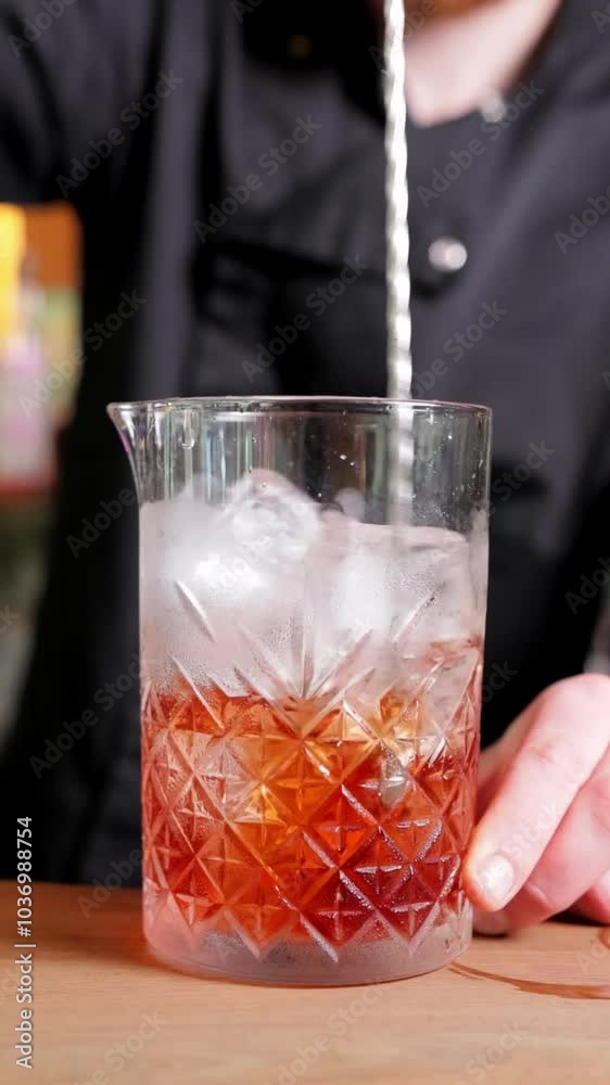 A bartender’s hands stir an alcoholic drink with ice using a spoon in ...
