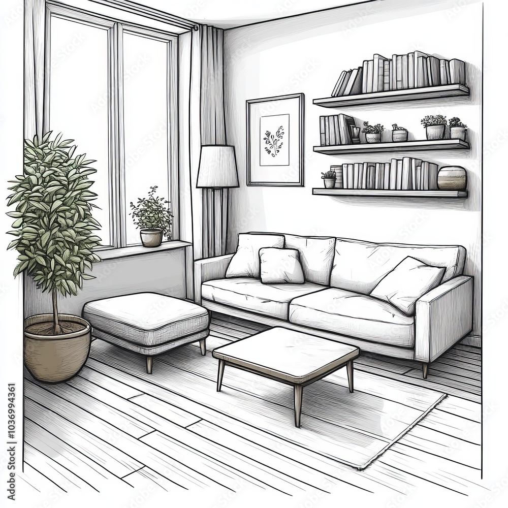 Black and white sketch line drawing of a decored flat appartment, in a ...