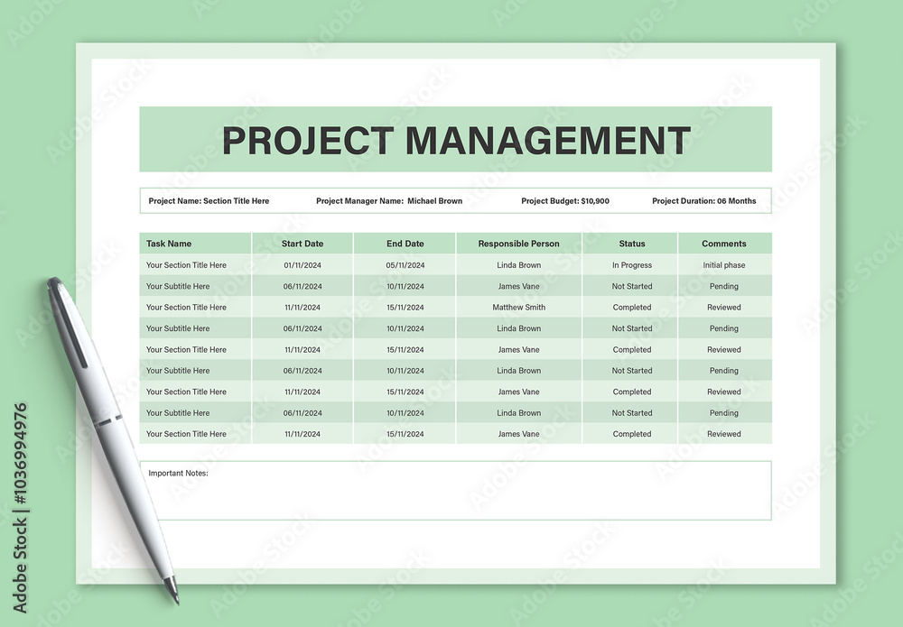 Project Management Planner Template Stock Template | Adobe Stock
