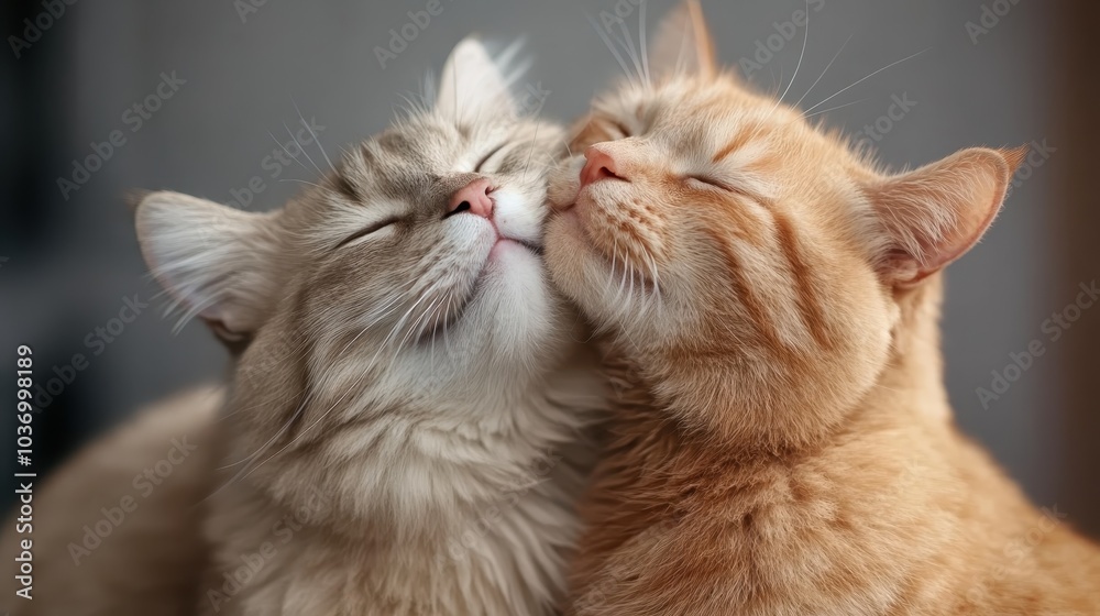 Two snug cats, embracing with eyes contently shut, displaying pure joy ...