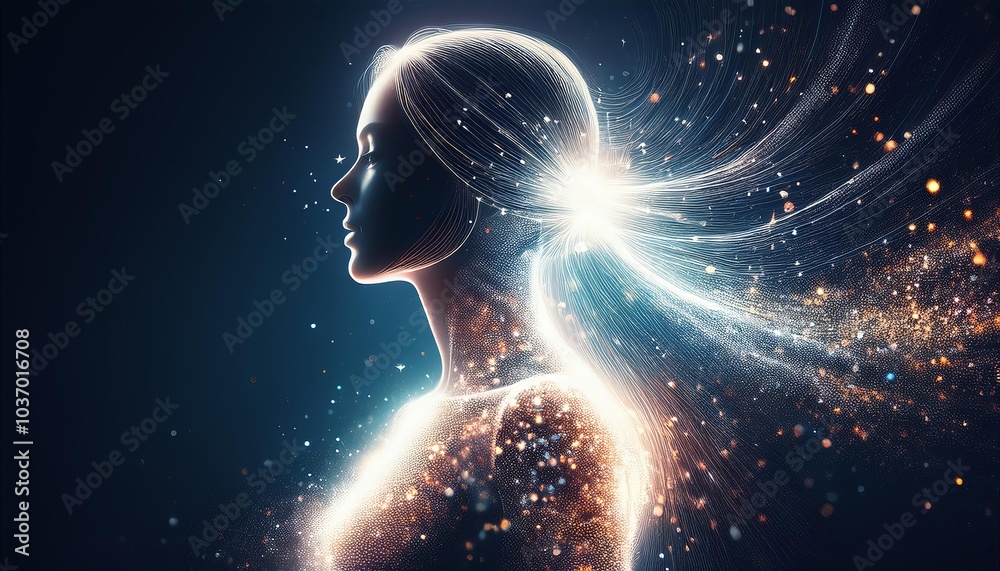 Human silhouette breaking into particles.A human silhouette gradually ...