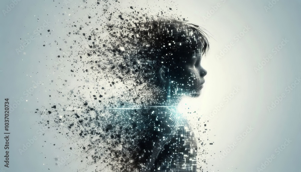 Human silhouette breaking into particles.A human silhouette gradually ...