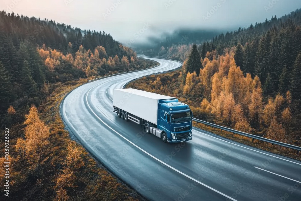 An aerial view of a cargo lorry traveling swiftly on a winding road ...