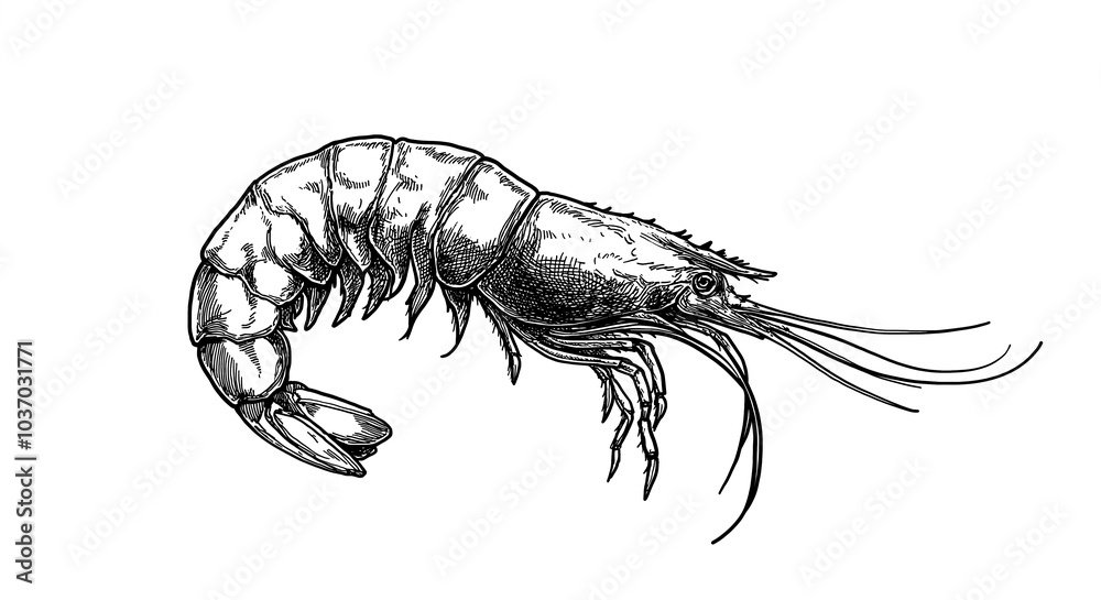 Seafood, shrimp prawn. Vintage retro print, black white seafood shrimp ...