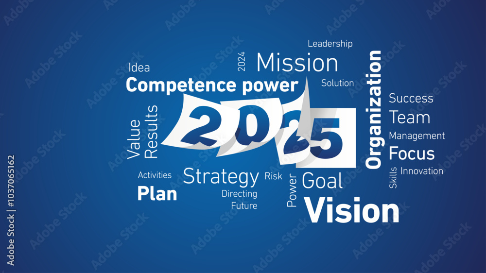 Vision New Year 2025 shining white word cloud text with blue white ...