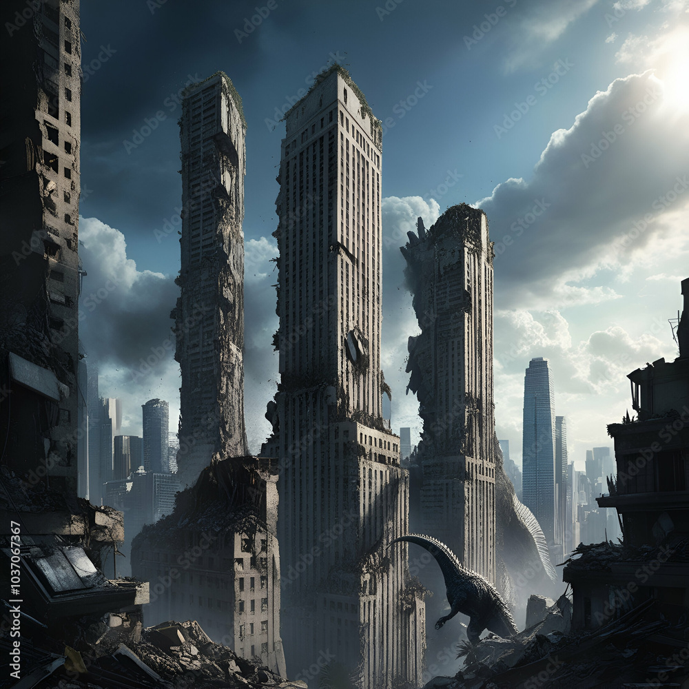 (((Trashy cluttered grungy style))), city damaged atmosphere post kaiju ...