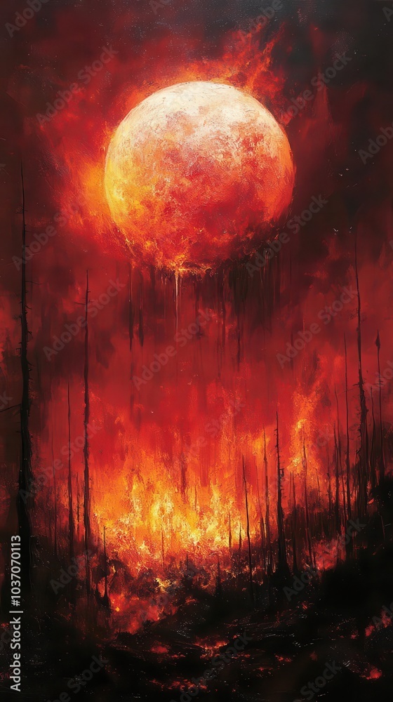 dramatic illustration of a fiery hellscape filled with demonic elements ...