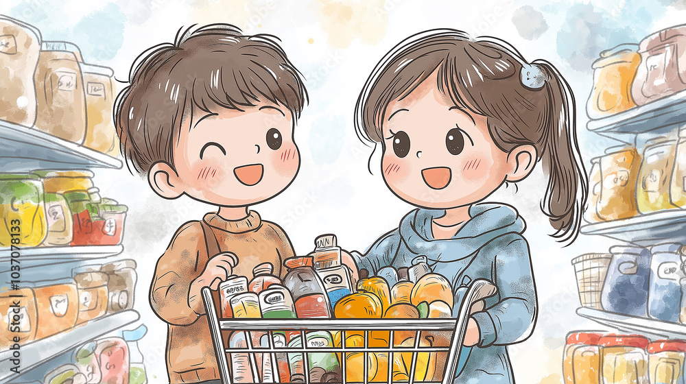 Cute line drawing of cartoon a Happy family shopping in a supermarket ...