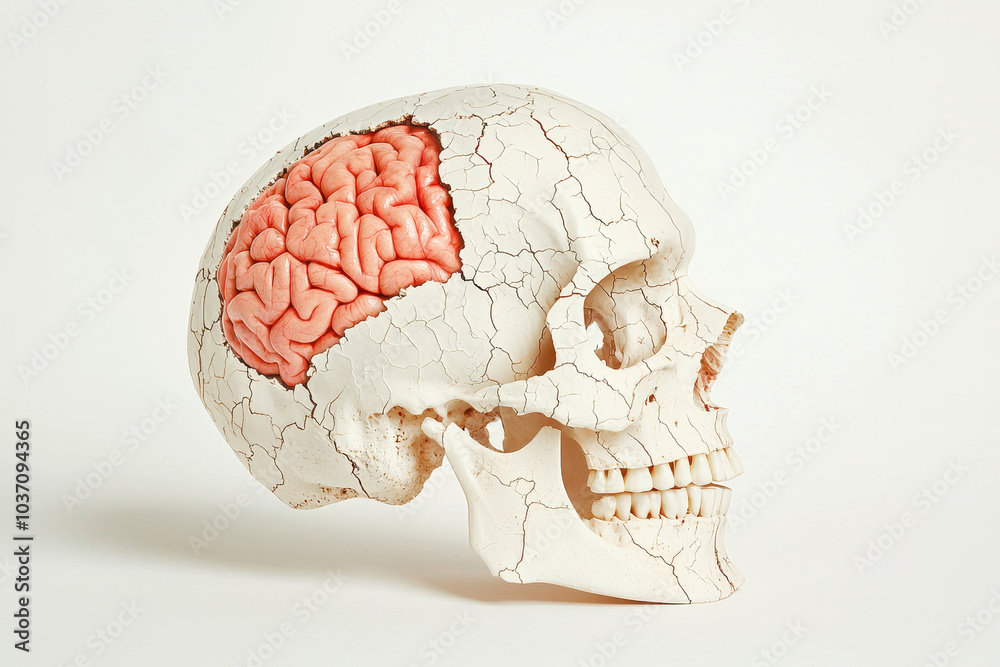 A side view of a skull model displaying a pink brain, illustrating the ...