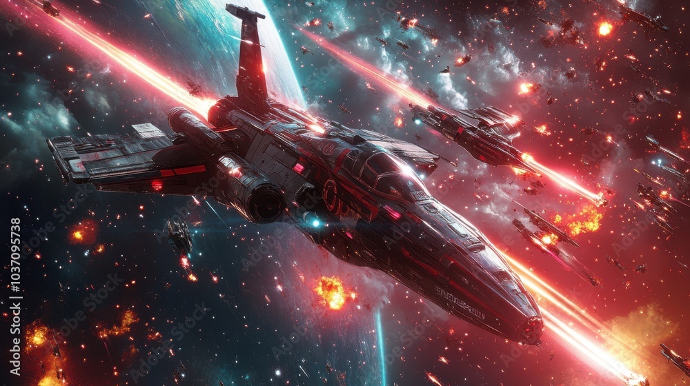 Photo An anime-style space battle between starships, with lasers and ...