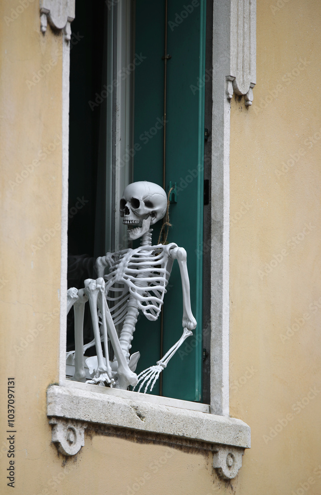 human skeleton sits on the window sill of the house waiting for ...