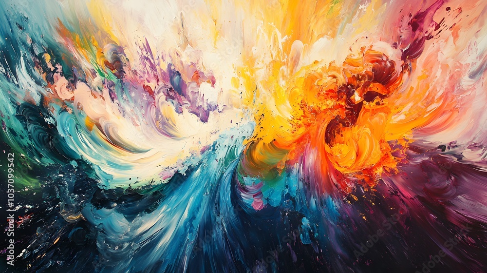 Energetic splashes of bold colors and exaggerated movements creating ...