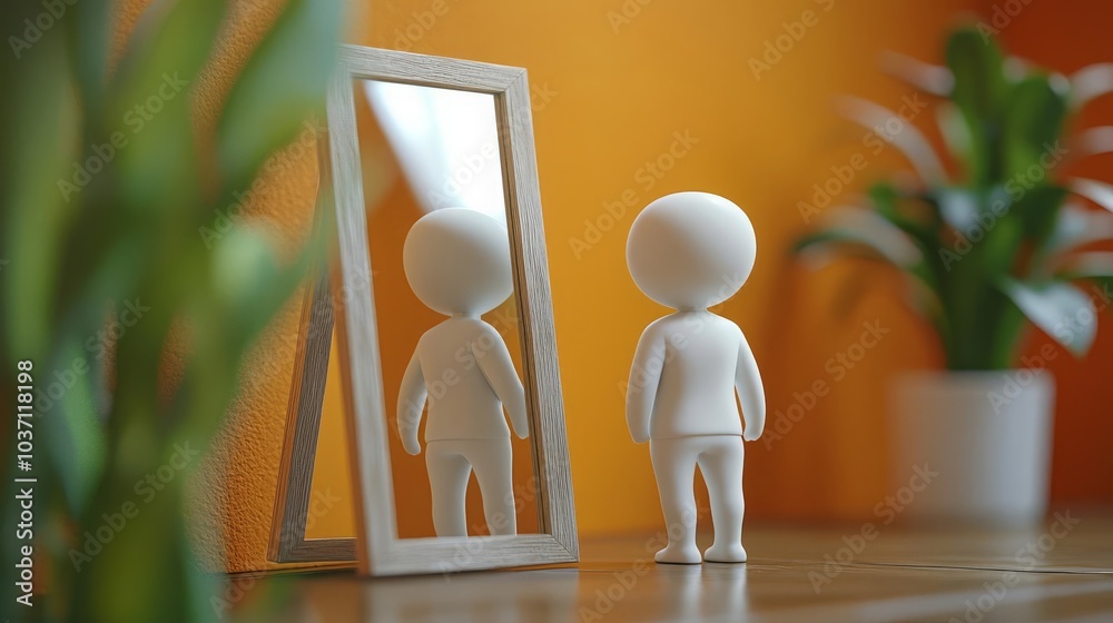 Introvert Shyness Figure standing in front of a mirror, hesitant ...