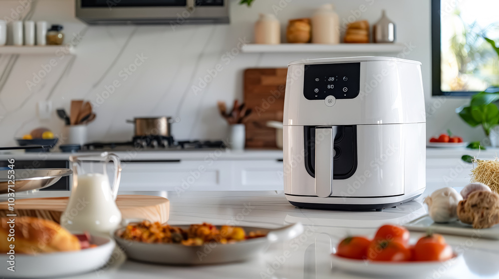 White air fryer oven sits on a counter in front of a table with food ...