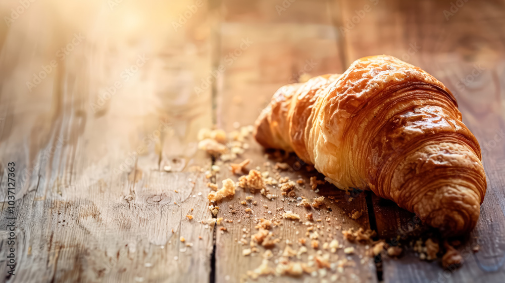 Croissant with crumbs on it sits on a wooden table. Concept of ...