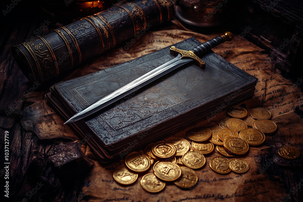 Pirate ancient gold coins, treasure map, diary book and dagger on old ...