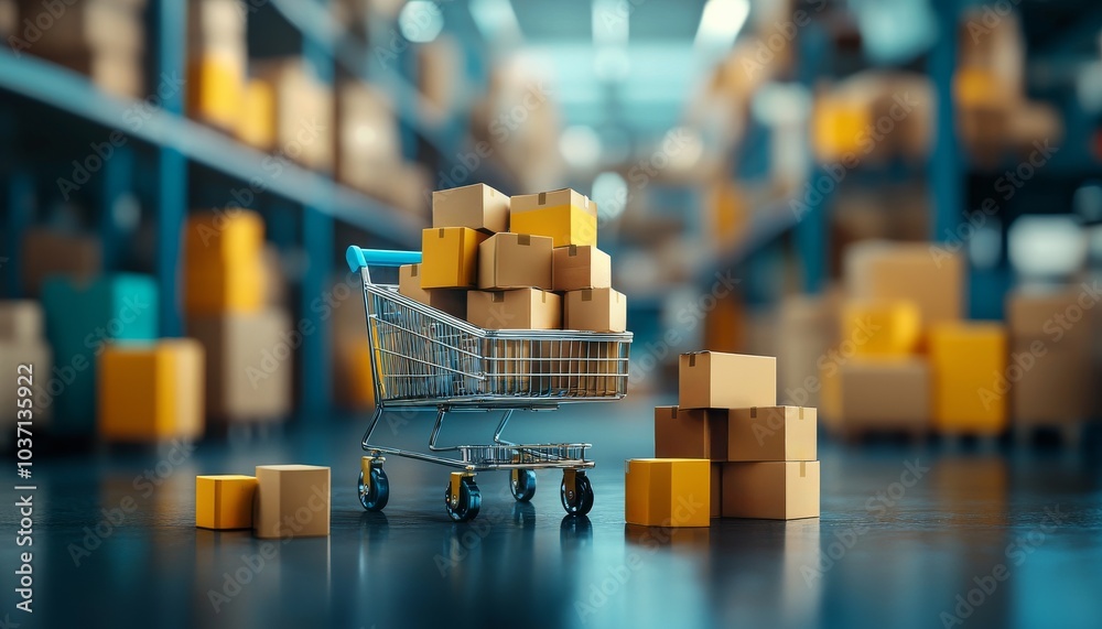 A shopping cart filled with yellow packages stands in a warehouse aisle ...