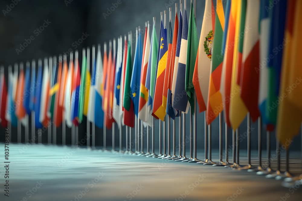 A row of flags from different countries are displayed in a row. The ...