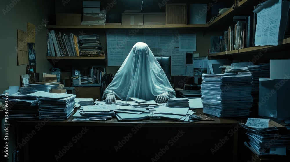 Ghost figure hunched over an office desk late at night, stacks of ...