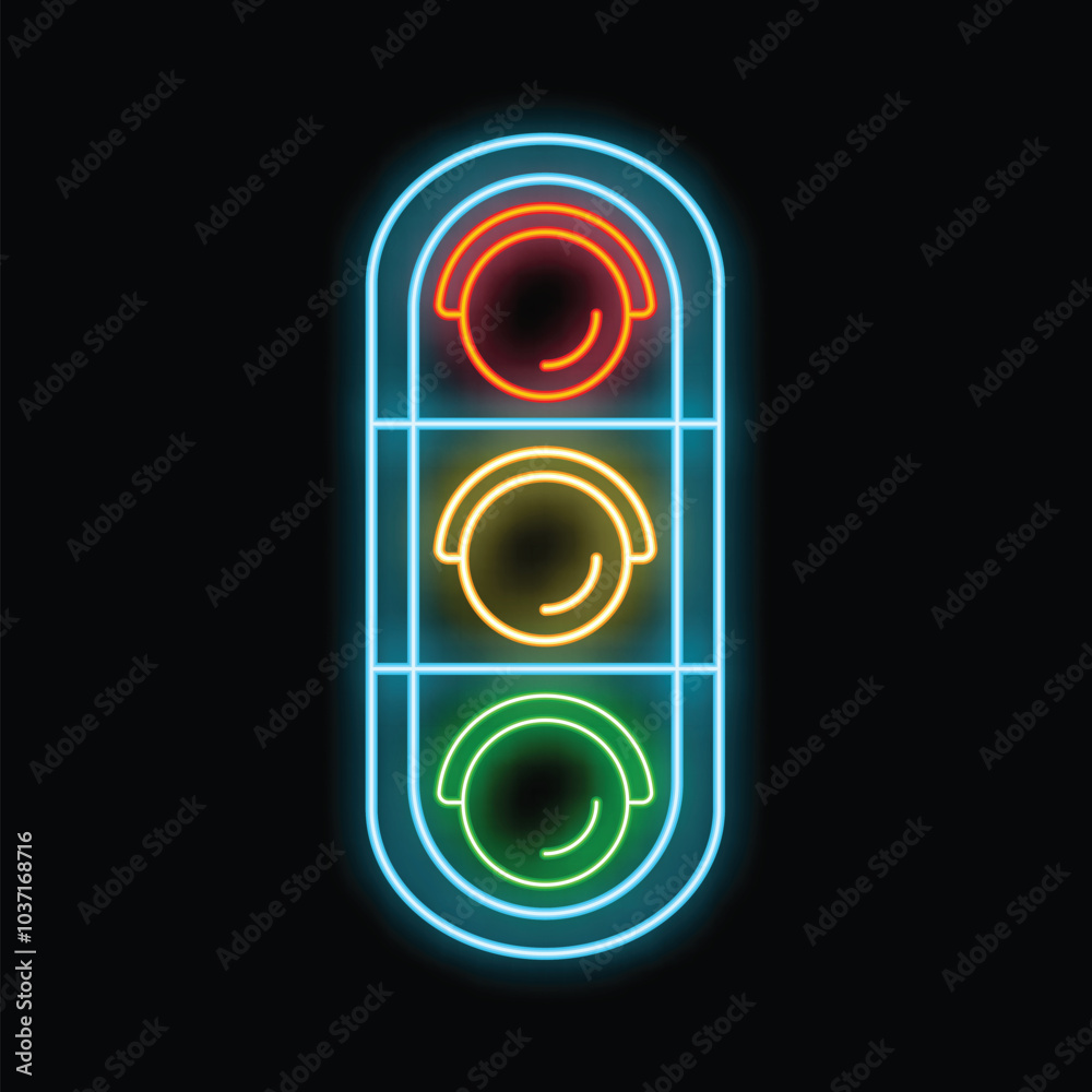 Glowing neon traffic light with red, yellow and green lights on a black ...