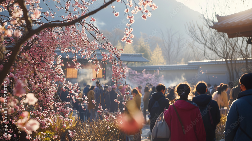 Atami Baien Ume Festival in the morning, sunlight shines on the ume ...