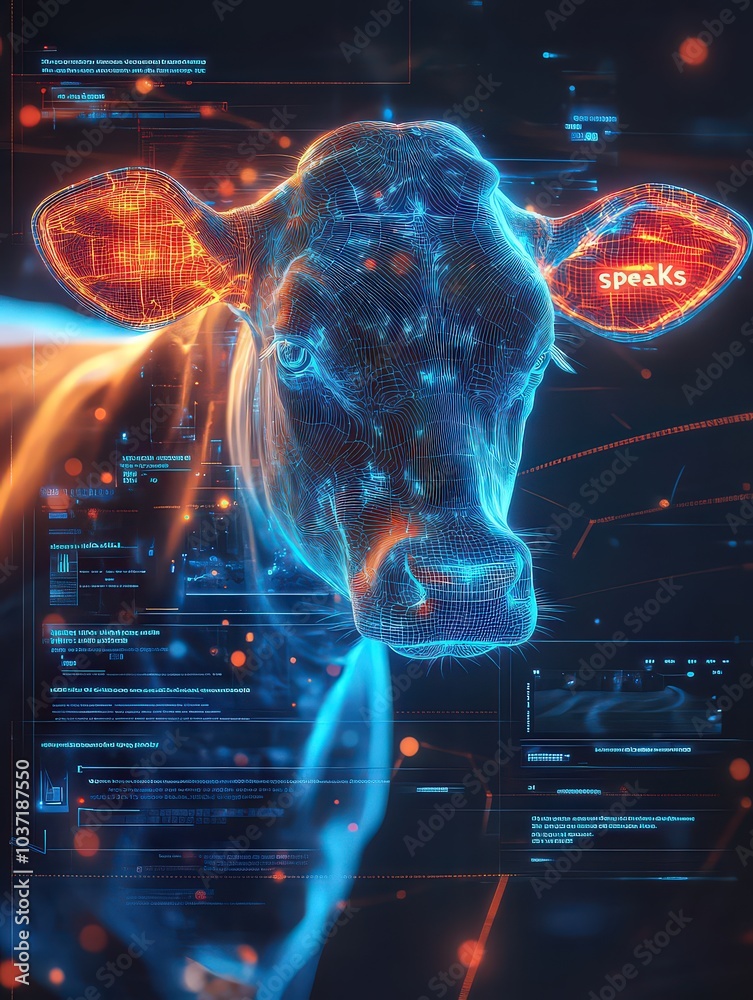 Digital cow AI assistant integrated into futuristic farming dashboard ...